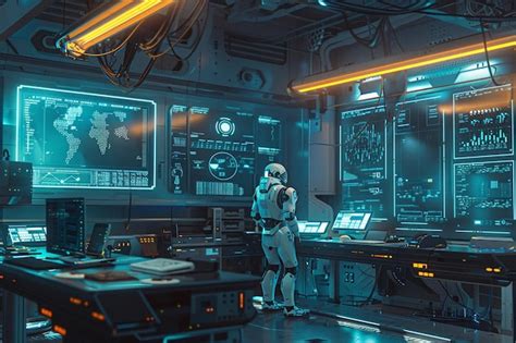 Premium Photo Aipowered Robot Analyzing Data Streams In A Futuri