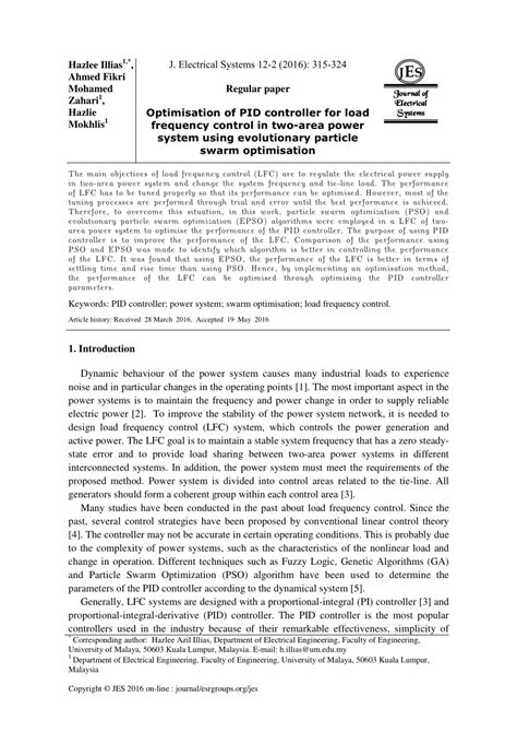 Pdf Optimisation Of Pid Controller For Load Frequency Control In Two