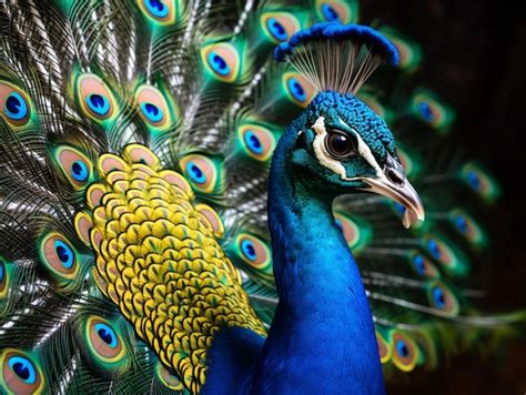 Premium Photo Peacock With Blue Feathers And Green Tail Feathers With A Black Background