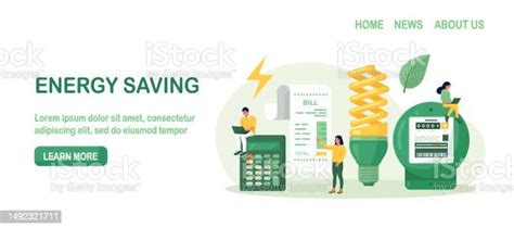 공과금 지불 전기 소비 비용 사람들은 가정에서 에너지 소비를 줄이고 에너지 절약 전구를 사용합니다 절전 개념입니다 가정용 에너지 및 자원 계량기 설치 가격에 대한 스톡 벡터
