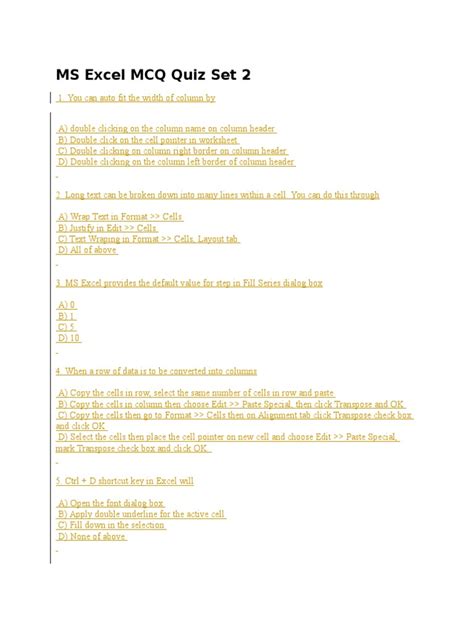 Ms Excel Mcq Quiz Set 2 Microsoft Excel Microsoft Power Point