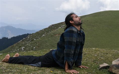 산에서 부잔가사나 코브라 요가 포즈를 하는 긴 머리의 잘생긴 젊은 인도 남자의 전체 길이 사람들에 대한 스톡 사진 및 기타 이미지 Istock