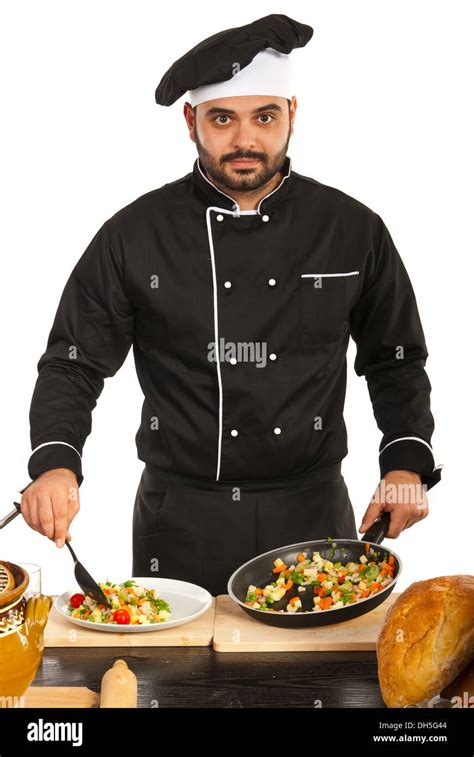 Chef Male Arrange Food On Plate Isolated On White Background Stock