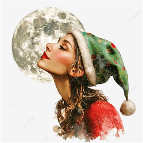 요정 모자와 보름달로 크리스마스를 축하하는 여자 여성 엘프 모자 크리스마스 Png 일러스트 및 이미지 에 대한 무료