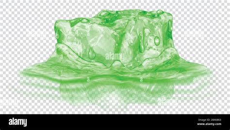 One Big Realistic Translucent Ice Cube In Green Color Half Submerged In Water Isolated On