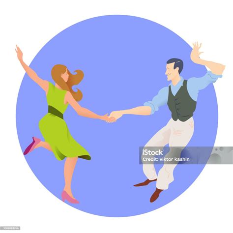 Lindy 홉 댄서 남자 고 여자 블루 원형 배경에서 격리 춤의 스튜디오에 대 한 포스터입니다 플라이어 또는 사교 댄스에 대 한 광고의 요소입니다 사람들의 평면 벡터