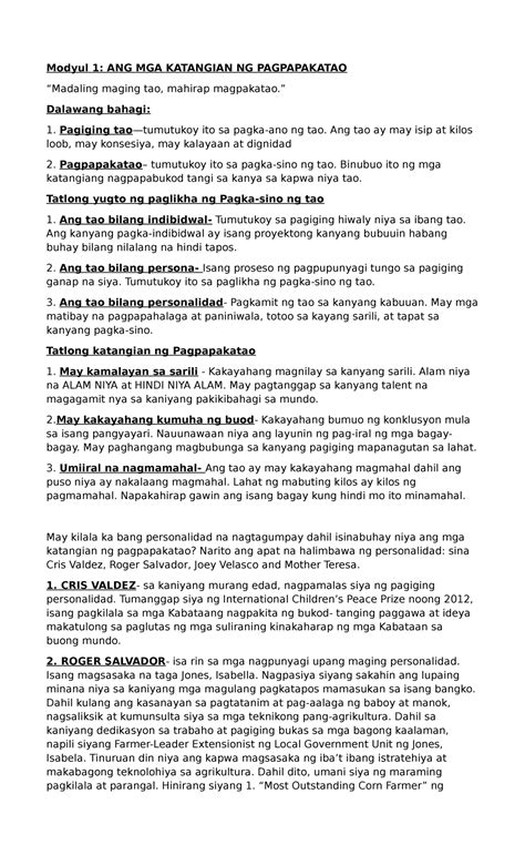 Module 1 - lesson - Modyul 1: ANG MGA KATANGIAN NG PAGPAPAKATAO “Madaling maging tao, mahirap ...