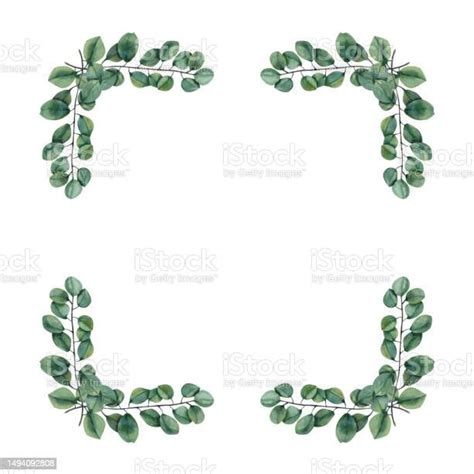 흰색 배경에 분리된 녹색 유칼립투스가 있는 수채화 프레임 엽서 디자인 초대장 템플릿 생일 어머니의 날 카드 결혼식 문구류를 위한 식물 삽화 0명에 대한 스톡 벡터 아트 및