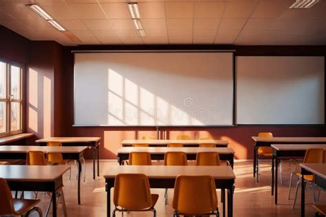 Empty Modern Classroom With Blank Whiteboard Bright Sunny Education