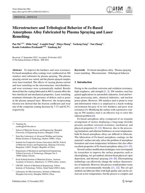 Pdf Microstructure And Tribological Behavior Of Fe Based Amorphous Alloy Fabricated By Plasma