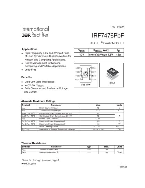 Irf7476pbf Datasheet Pdf International Rectifier Power Mosfet
