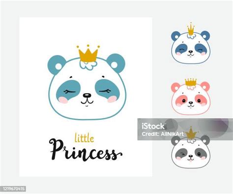 귀여운 팬더 곰 공주 벡터 세트 크라운과 작은 공주 인용 아이들을위한 포스터와 아기 중국 곰 얼굴 0명에 대한 스톡 벡터 아트