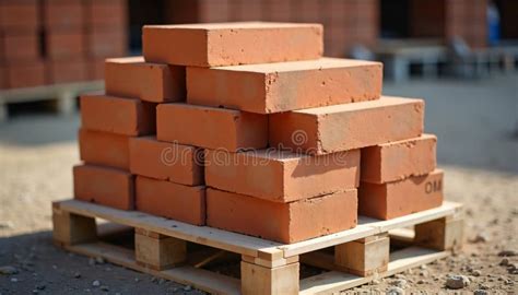 Stacked Clay Bricks On Wooden Pallet At Construction Site Stock Image
