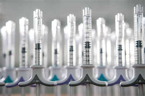 연속으로 많은 피부 투베르쿨린 주사기의 클로즈업 다채로운 필러 주사기 장식 에스테틱 클리닉 또는 살롱 뷰티 컨셉 피부 필러에 대한 스톡 사진 및 기타 이미지 Istock