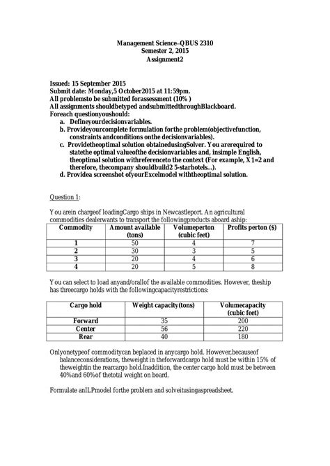 management science assignment 2 quantative analysis qbus2310