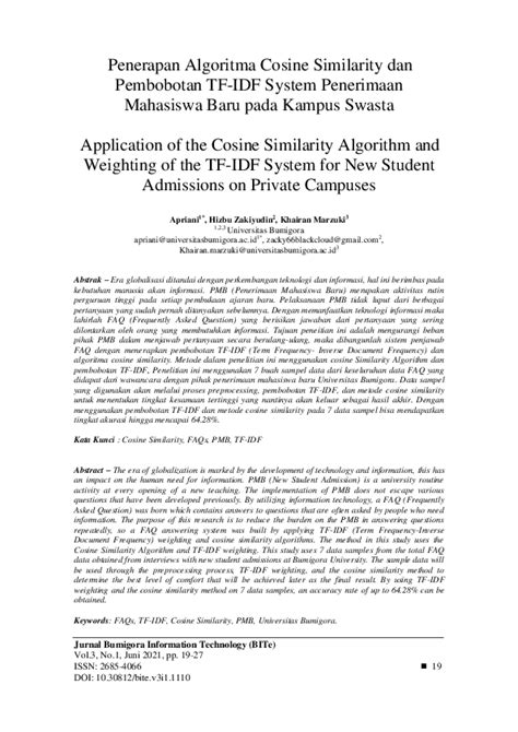 Pdf Penerapan Algoritma Cosine Similarity Dan Pembobotan Tf Idf System Penerimaan Mahasiswa