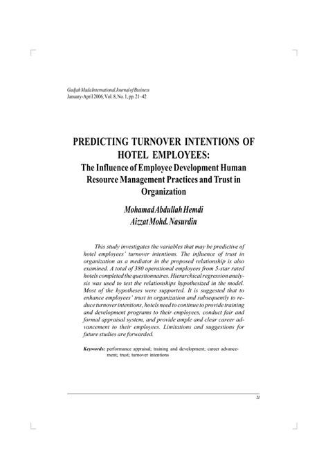 Pdf Predicting Turnover Intentions Of Hotel Employees The Influence Of Employee Development