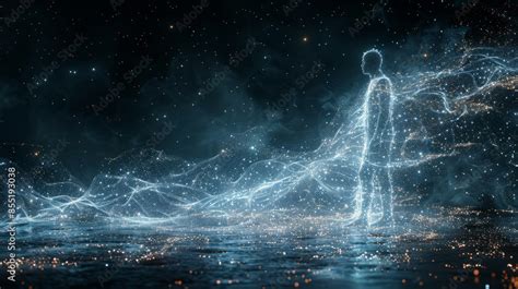 Llm Graphics Flowting Around A Wireframe Avatar In A Black Studion