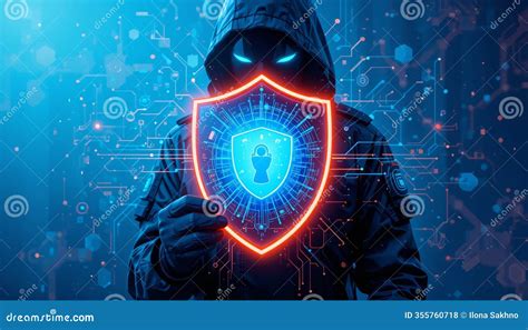 Hooded Hacker Holding A Glowing Shield In A Digital Environment Stock Photo Image Of Radiant