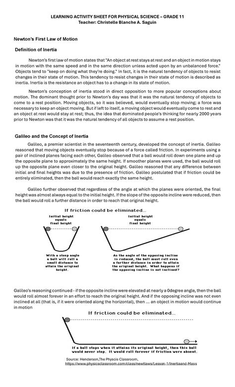 Las Physical Science 1st Law Of Motion Learning Activity Sheet For Physical Science Grade