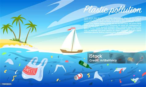 해양 오염 플라스틱 병 및 가방 쓰레기 쓰레기 가정용 쓰레기 환경 문제 생태 재앙 더러운 바다 바다 생물의 파괴 바다에 대한 스톡 벡터 아트 및 기타 이미지 Istock