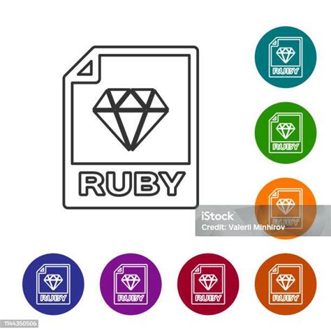 회색 루비 파일 문서 아이콘입니다 흰색 배경에 고립 된 루비 버튼 라인 아이콘을 다운로드 합니다 루비 파일 기호입니다 컬러 서클 버튼에 아이콘을 설정 합니다 벡터 일러스트