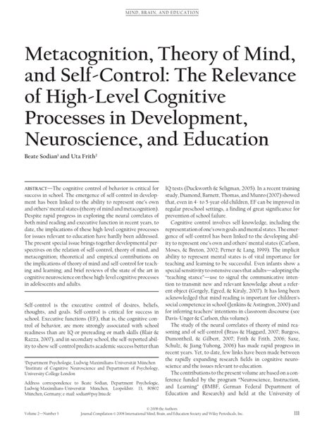 Pdf Metacognition Theory Of Mind And Self‐control The Relevance Of