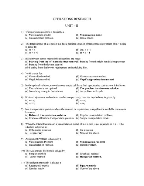 operations research operations research unit ii transportation