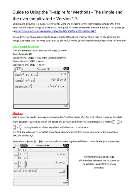 Using Ti Inspire Methods Guide To Using The Ti Nspire For Methods