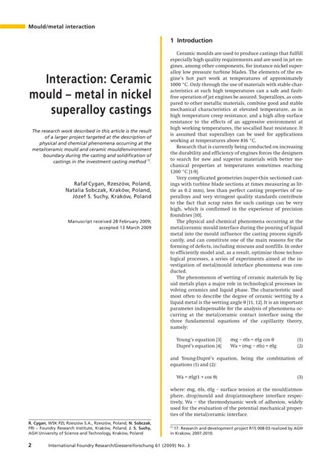 Pdf Interaction Ceramic Mould Metal In Nickel Superalloy Castings