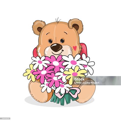 흰색 고립 된 배경에 꽃다발을 가진 귀여운 만화 테디 베어 발렌타인 데이와 생일을 위한 벡터 일러스트 귀여운에 대한 스톡 벡터