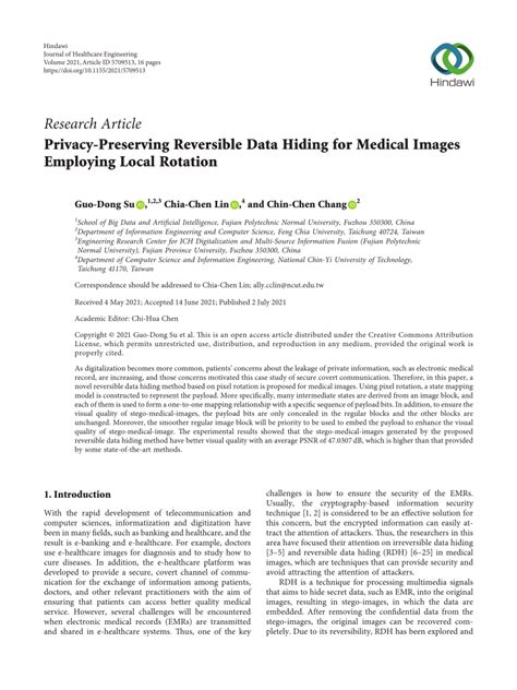 PDF Privacy Preserving Reversible Data Hiding For Medical Images Employing Local Rotation