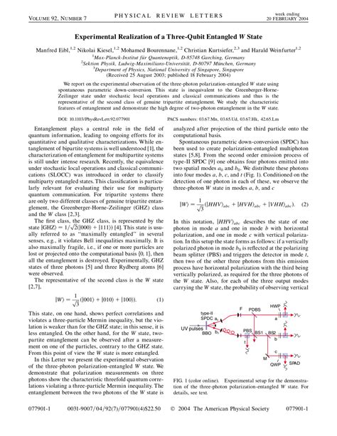 Pdf Experimental Realization Of A Three Qubit Entangled W State