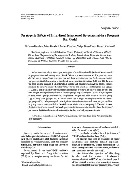 Pdf Teratogenic Effects Of Intravitreal Injection Of Bevacizumab In A