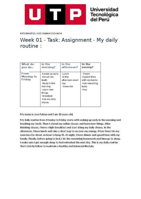 Week 01 Task Assignment My Daily Routine Integrantes Jose Fabian Cochachi Week 01 Task