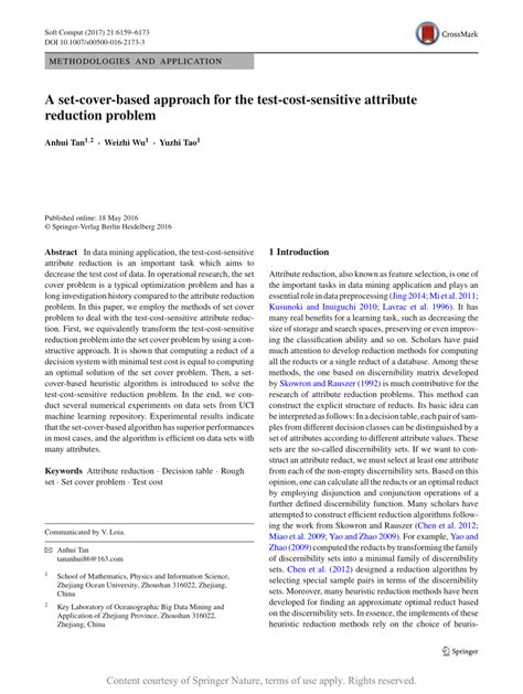 A Set Cover Based Approach For The Test Cost Sensitive Attribute Reduction Problem Request Pdf