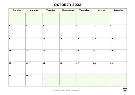 Calendario Octubre 2022 Para Imprimir