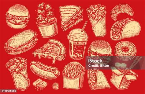 레스토랑이나 카페 메뉴를 위한 패스트푸드 및 음료 세트 길거리 음식 테이크 아웃 개념 컬렉션 벡터 일러스트 레이 션 길거리