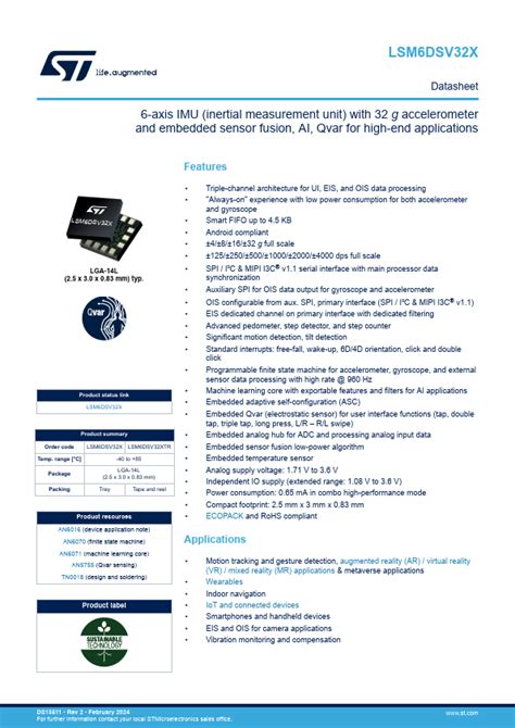Lsm6dsv32x Datasheet Lsm6dsv32x Stmicroelectronics Pdf 6 Axis Imu Stmicroelectronics