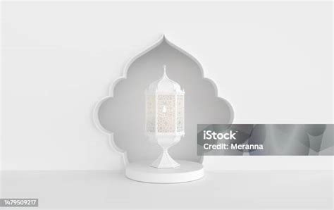 촛불이 달린 흰색 랜턴 아랍어 장식이 있는 램프 창문 또는 문 연단 라마단 카림 또는 이드 알 피트르 아다 축하 3d 렌더링 인테리어 라마단에 대한 스톡 사진 및 기타