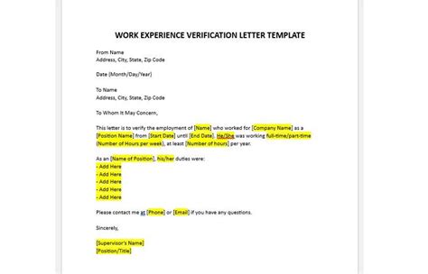 Editable Work Experience Verification Letter From Employer Template Work Experience