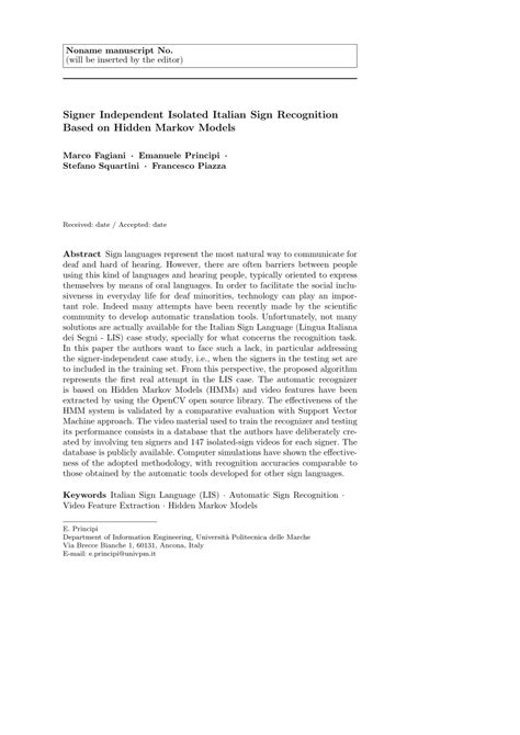 Pdf Signer Independent Isolated Italian Sign Recognition Based On Hidden Markov Models