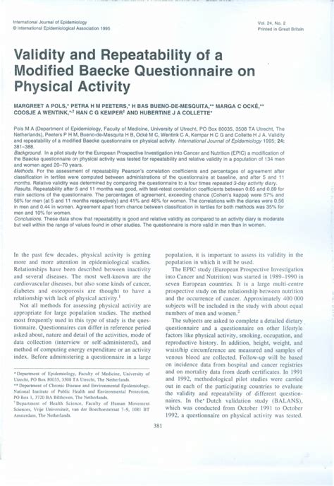 Pdf Validity And Repeatability Of A Modified Baecke Questionnaire On