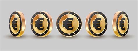 3d 개념 금 황금 동전 유로 회색 배경에 별과 검은 테두리가 있는 통화의 세트입니다 카드 파티 디자인 전단지 포스터 장식 배너 웹 광고에 대 한 벡터 일러스트 레이 션 3