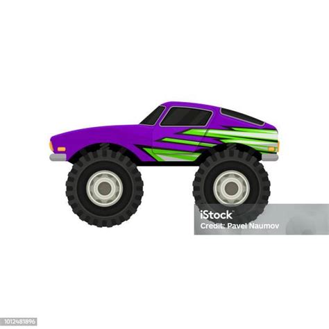 보라색 괴물 트럭의 평면 벡터 아이콘입니다 대형 타이어와 함께 자동차의 만화 아이콘 블랙 톤 창과 녹색 전사 극단적인 전송 0명에 대한 스톡 벡터 아트 및 기타 이미지
