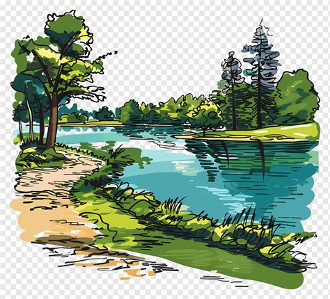 공원 호수 나무 강 경로가 있는 풍경 Png Pngwing