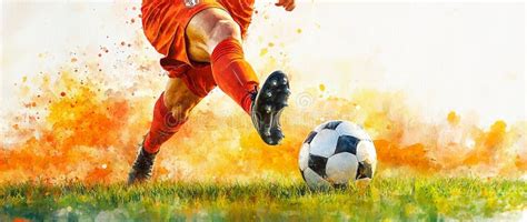 Soccer Player In Action Kicking The Ball With Force On A Vibrant Green Field Stock Image