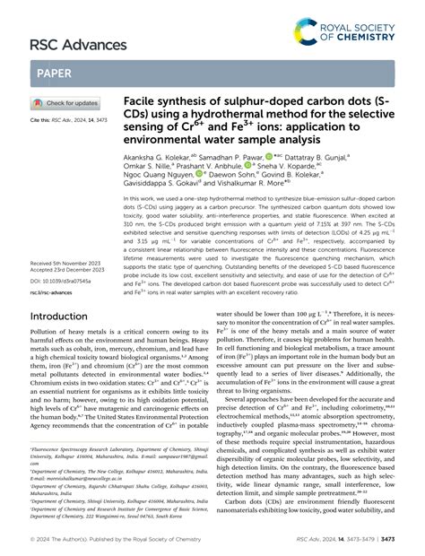 Pdf Facile Synthesis Of Sulphur Doped Carbon Dots S Cds Using A Hydrothermal Method For The