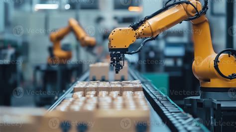 Industrial Robotic Arm Sorting Packages On An Assembly Line In A Modern Warehouse During The