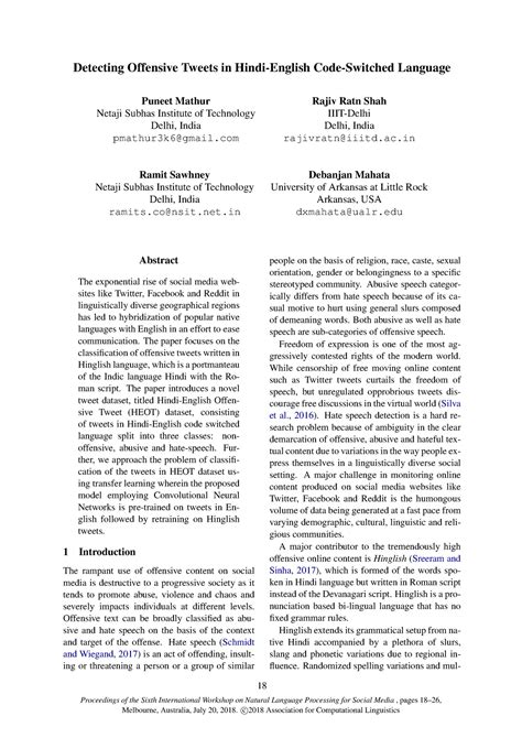 Detecting Offensive Tweets In Hindi English Code Switched Language Proceedings Of The Sixth